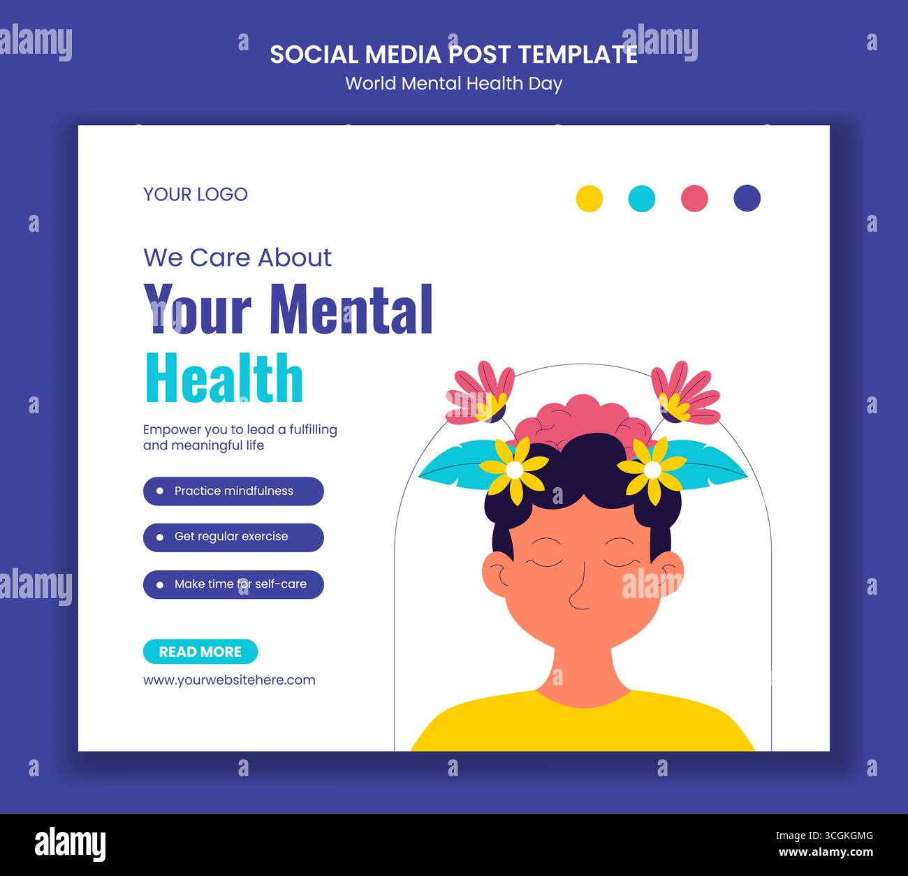 Mindfulness and Mental Health Social Media Post Flat Cartoon Template ...