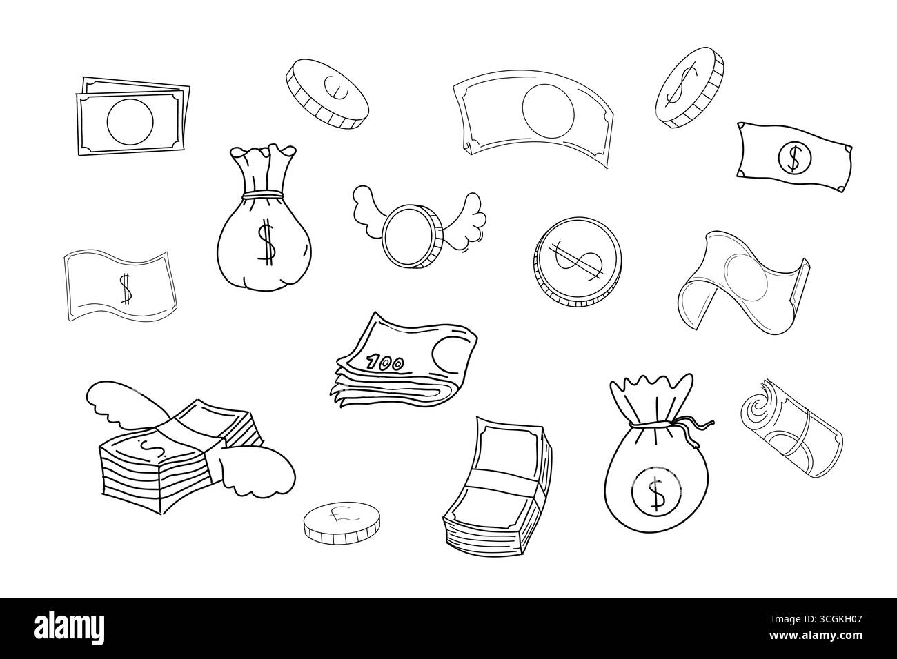 Money set doodle paper banknote, cash, coins sketch line. Collection ...