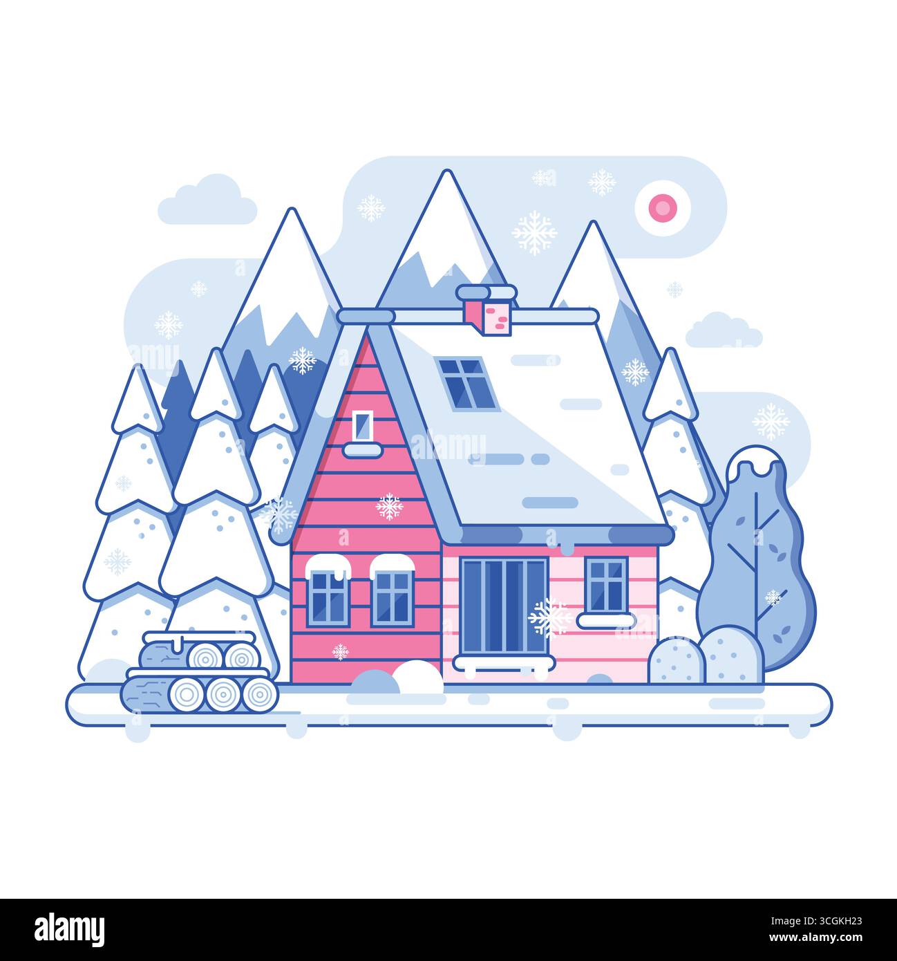 Winter Rural Home on Snowy Landscape in Line Art Stock Vector Image ...