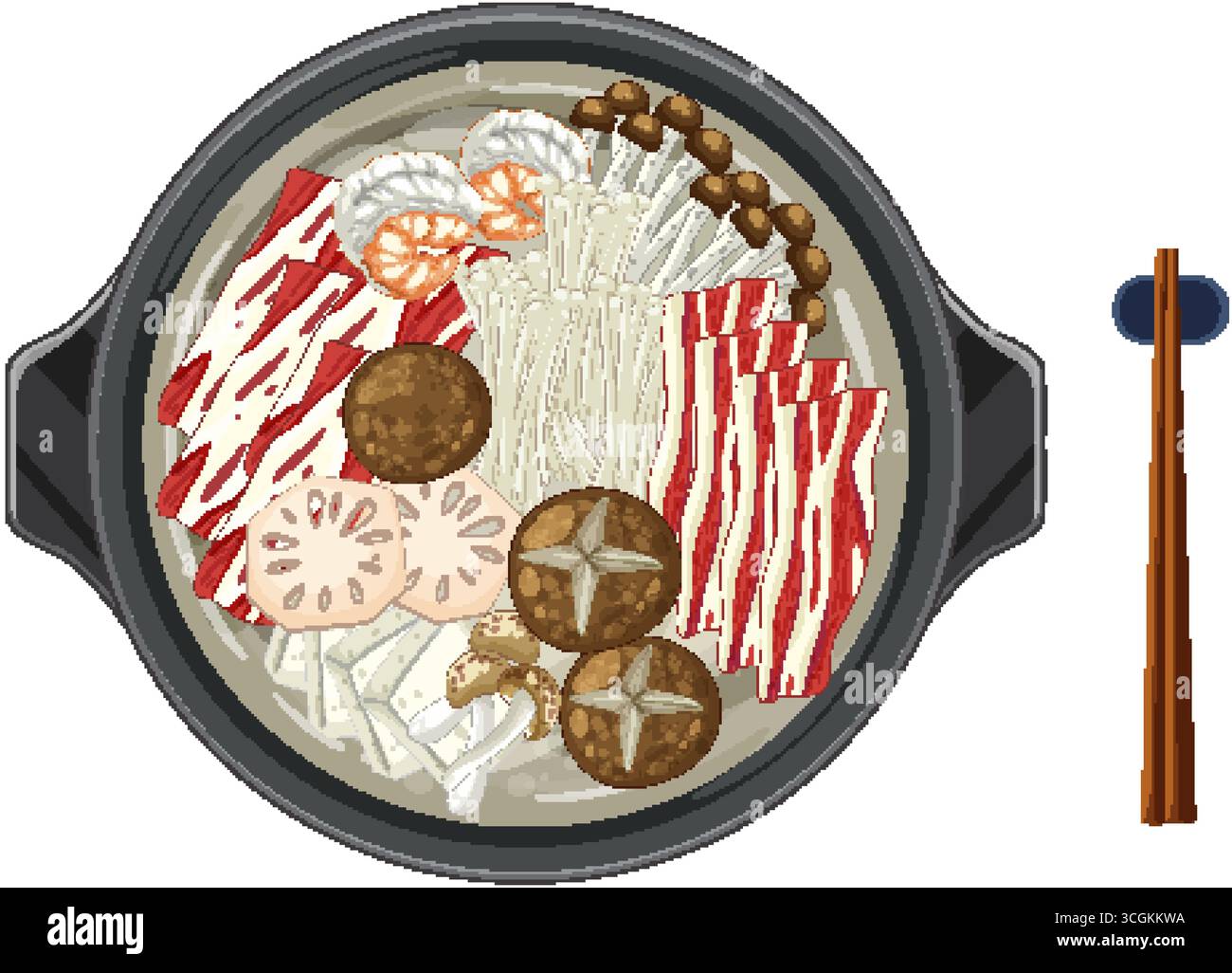 Colorful vector illustration of Asian hot pot with shrimp, mushrooms ...