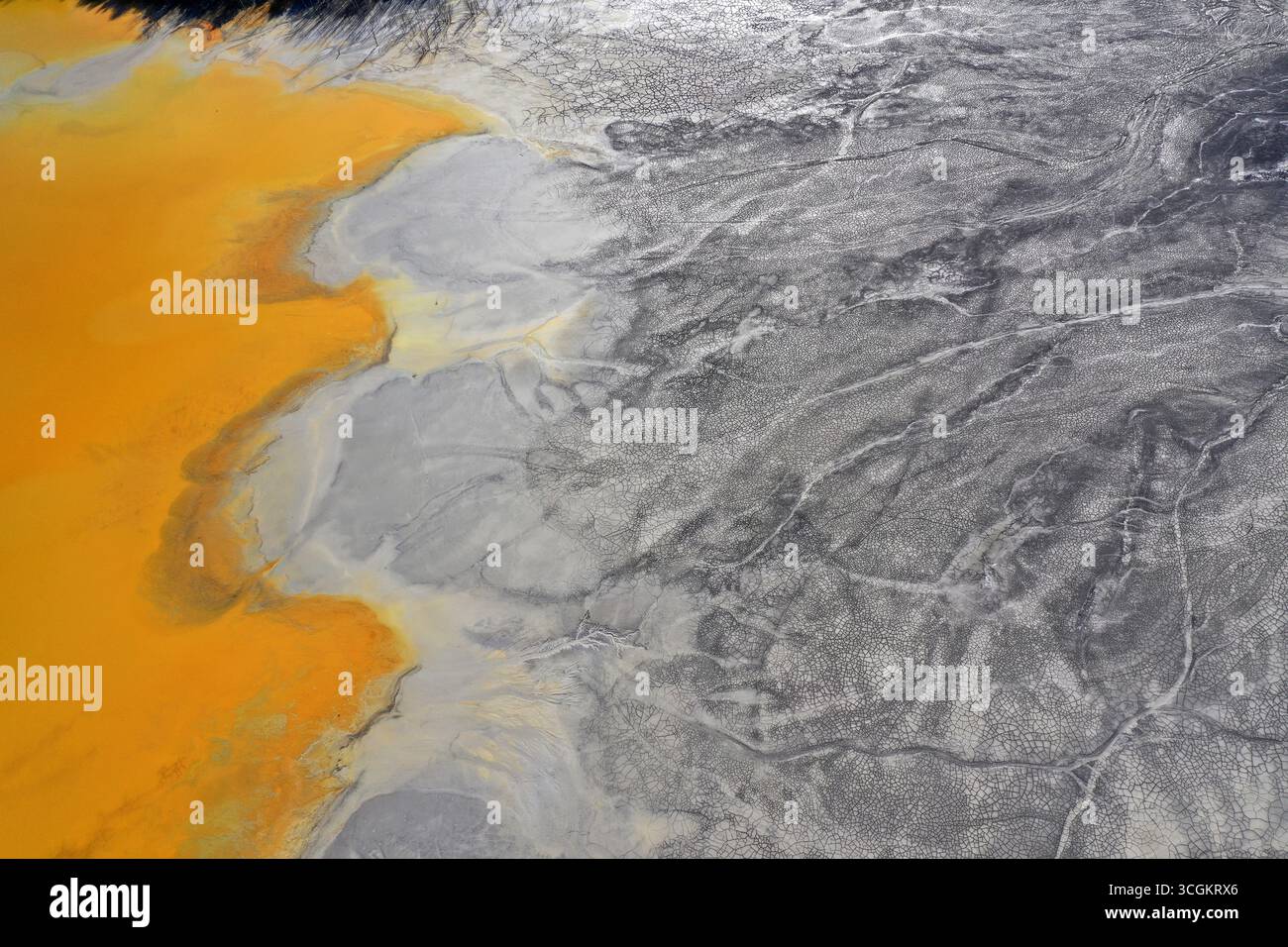 Flying over patterns of acid mine drainage in decanting lake aerial ...