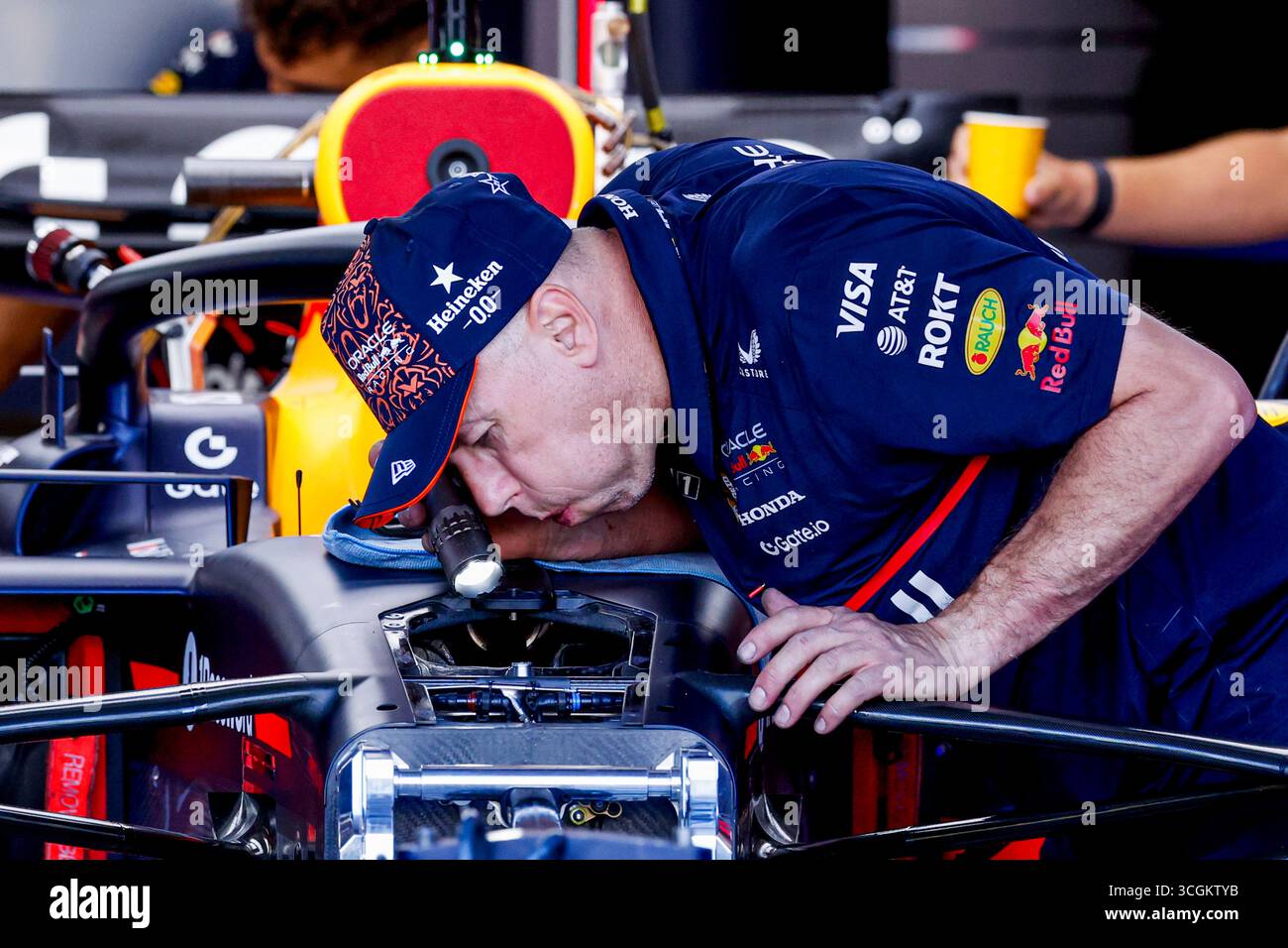 Ole Schack of Red Bull Racing prepare Max Verstappen's car during the ...