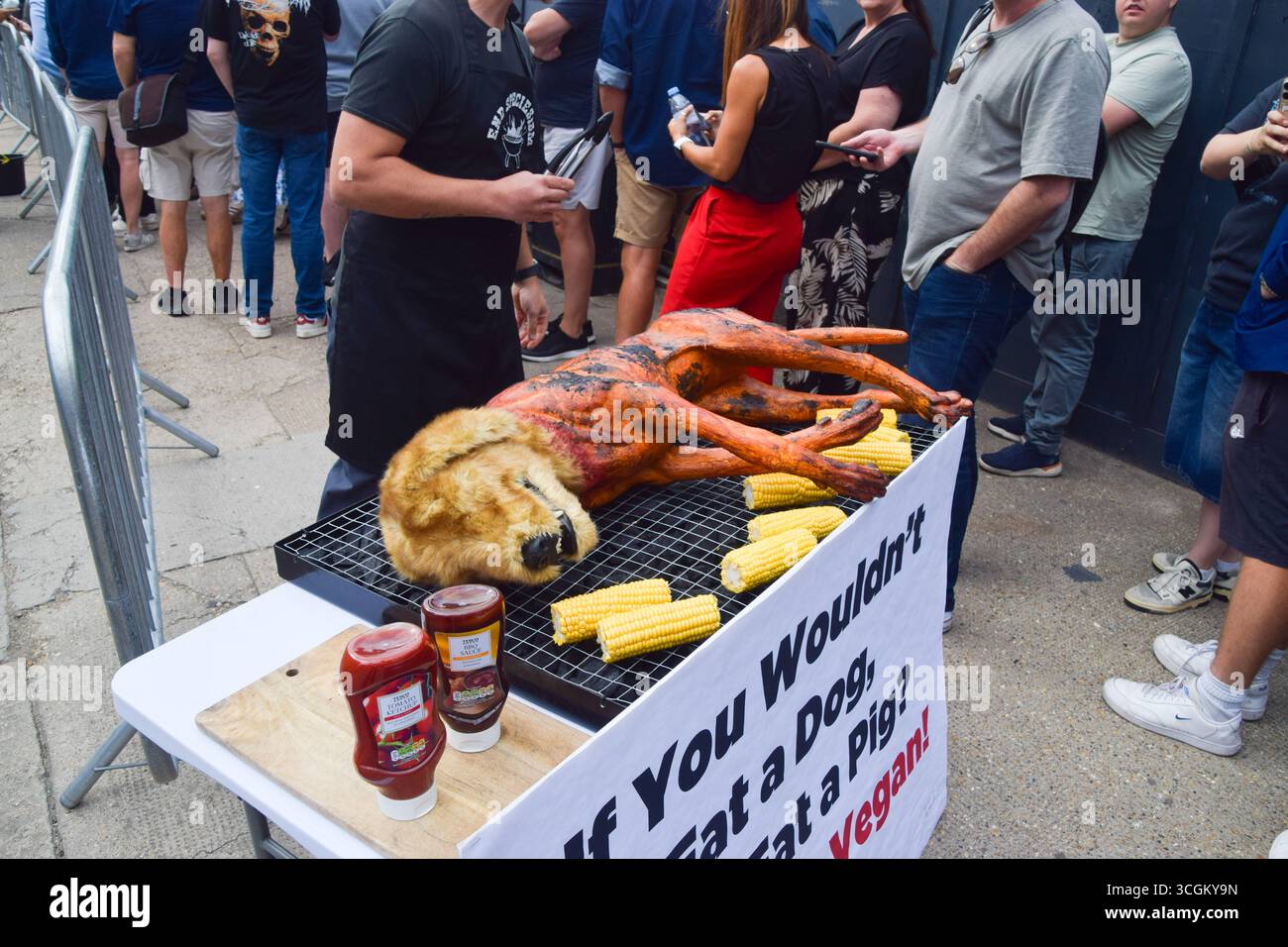 London, UK. 28th August 2025. PETA activists stage a mock 'barbecue ...
