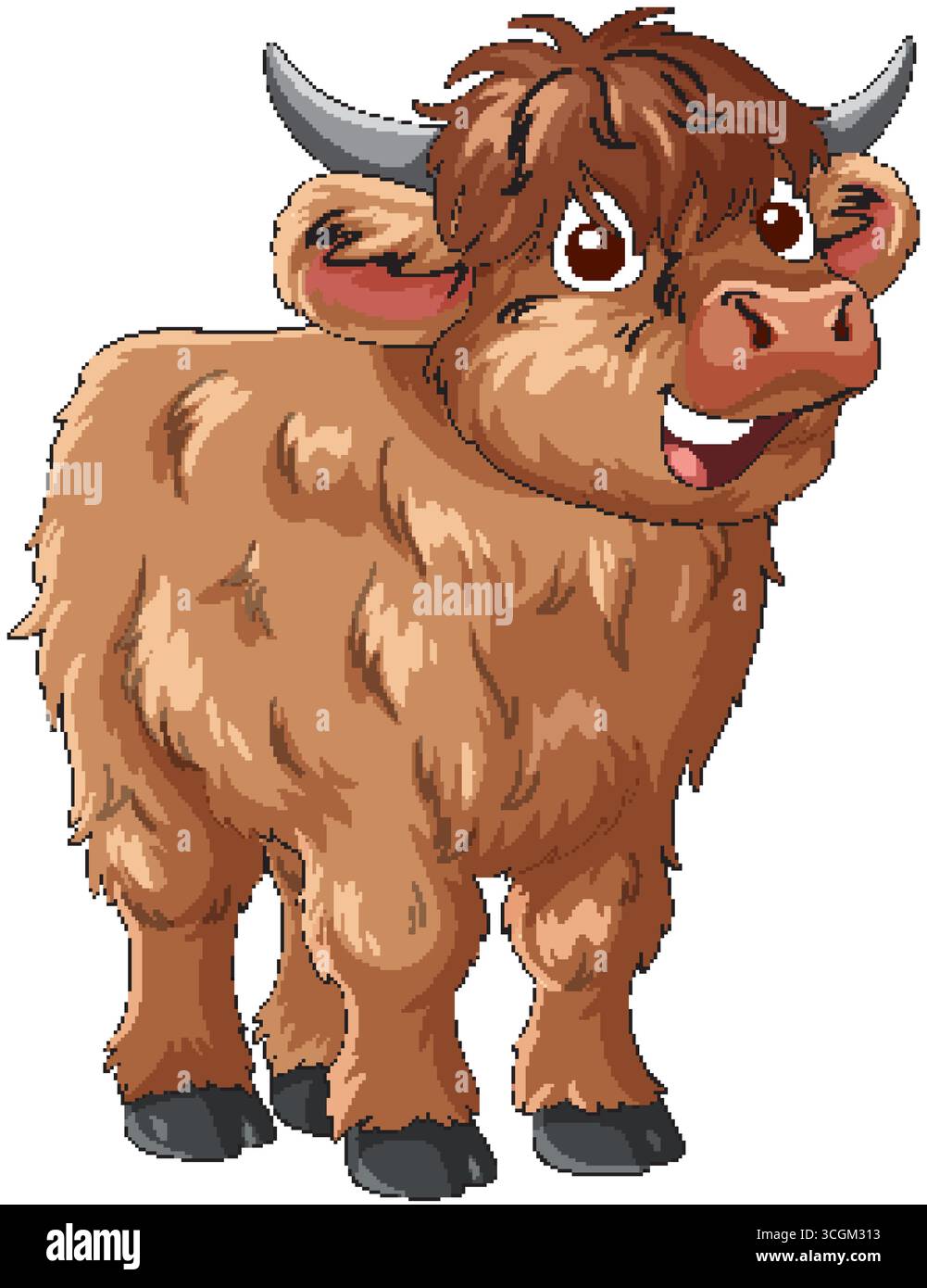 Cheerful Highland cow cartoon with shaggy brown fur, big eyes, curved ...