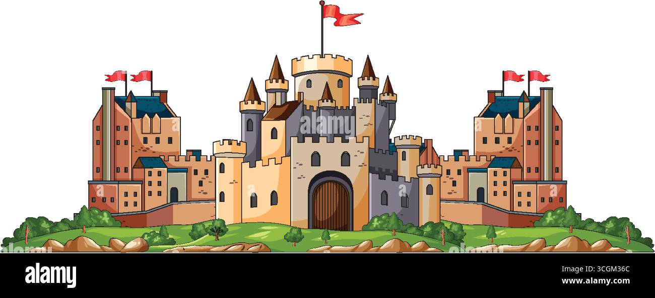 Colorful vector of large medieval stone castle with towers, red flags ...