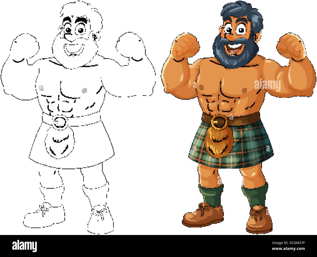 Cartoon muscular man with beard flexing in tartan kilt, colored and ...