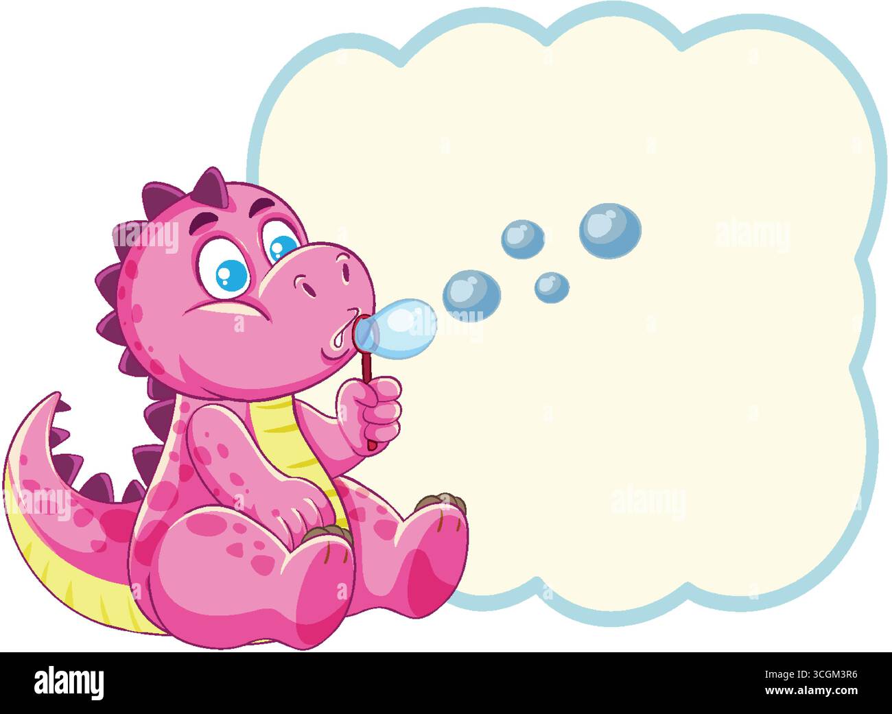 Cartoon pink baby dinosaur blowing bubbles, sitting with blank cloud ...