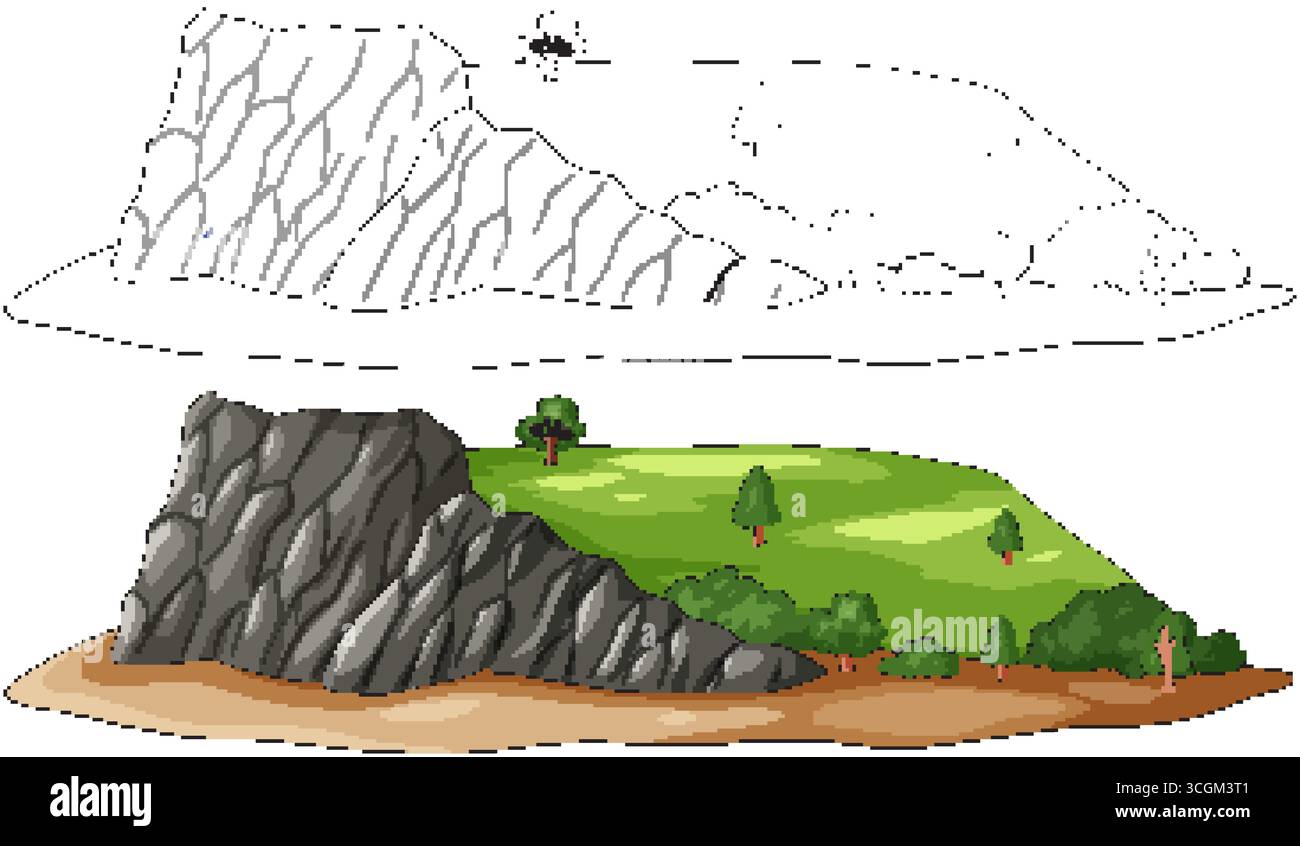 Clean vector landscape of rocky hillside with grassy terrain, scattered ...