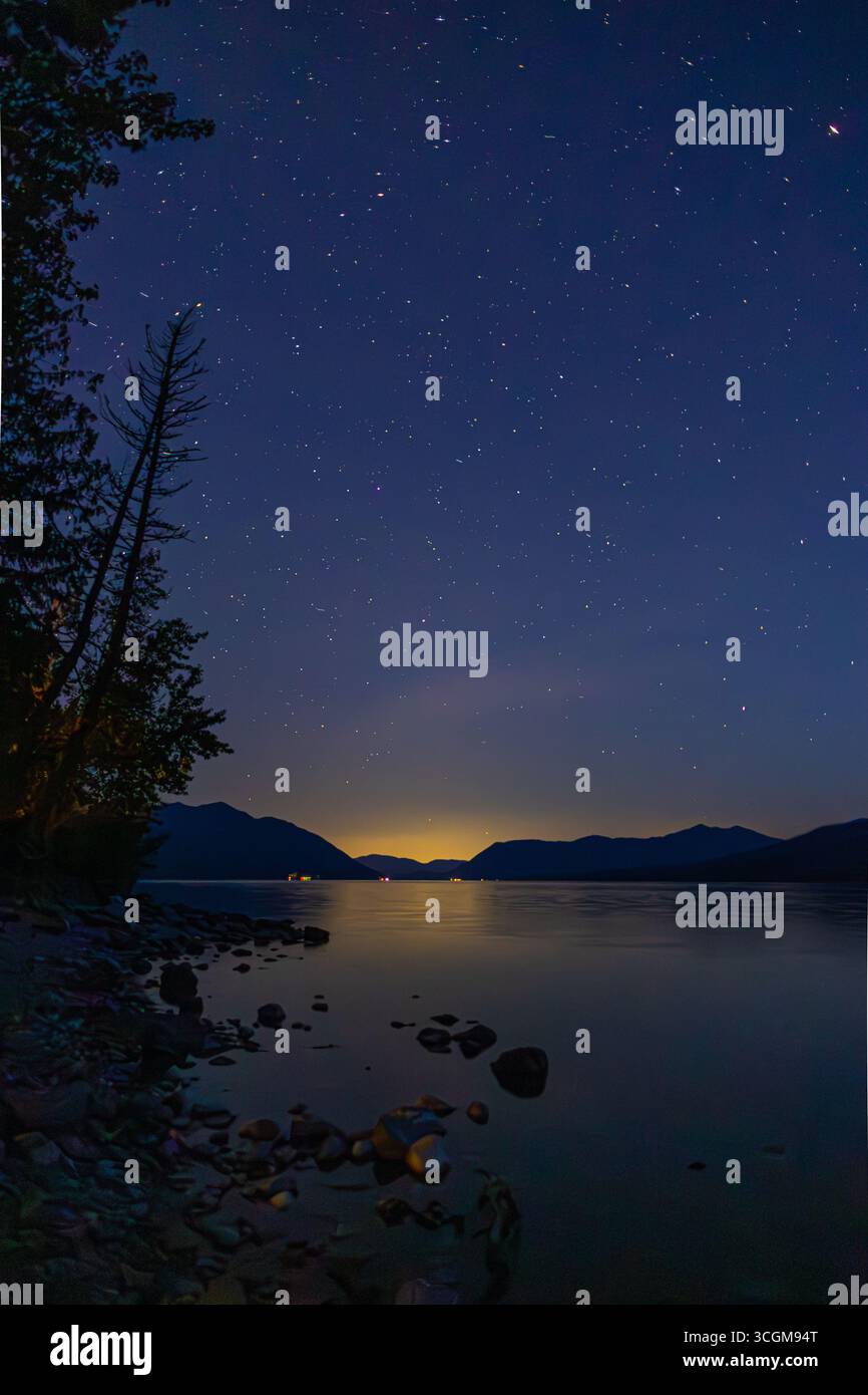 Starry Night Sky Over Mountain Lake Horizon Stock Photo - Alamy