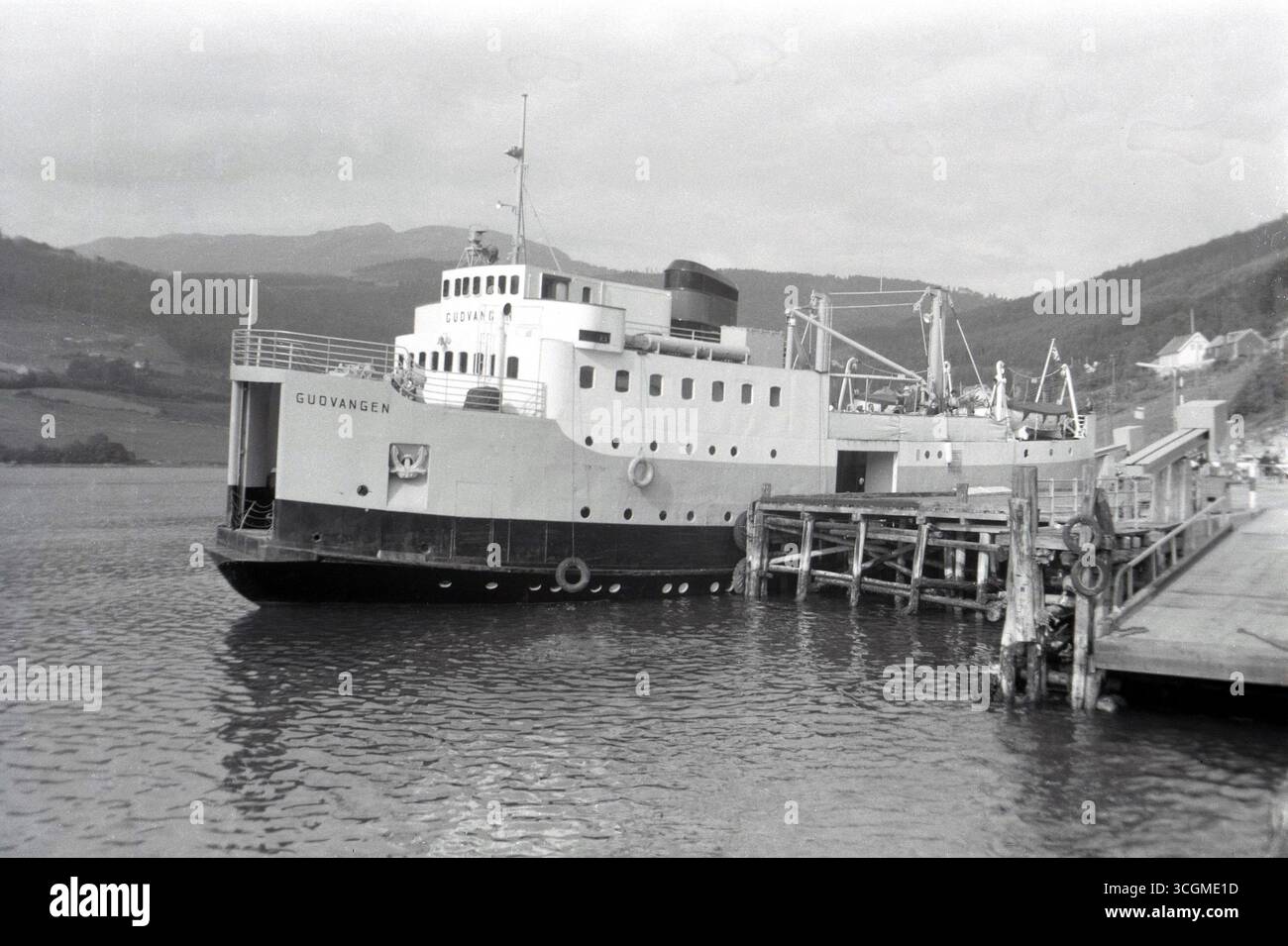 1960s, historical, steam ferry MF Gudvangen moored in a fjord, Norway ...