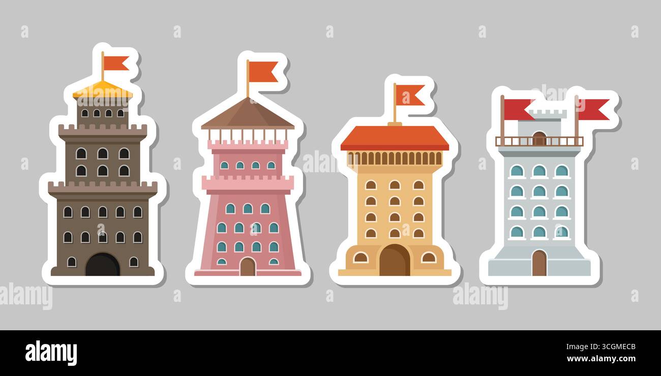 Castle tower sticker icon in flat style. Medieval citadel vector ...