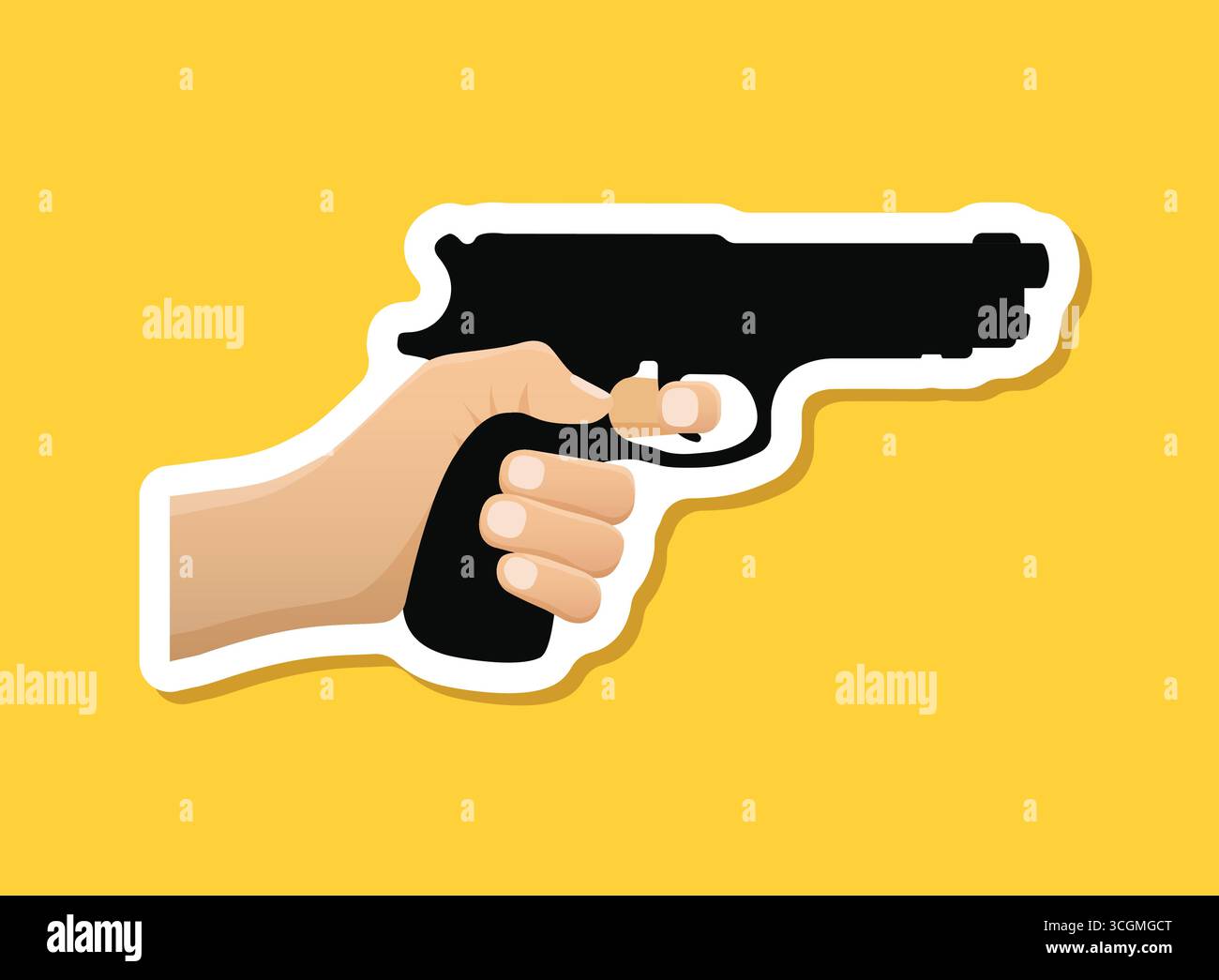 Hand holding pistol gun sticker icon in flat style. Firearm symbol ...