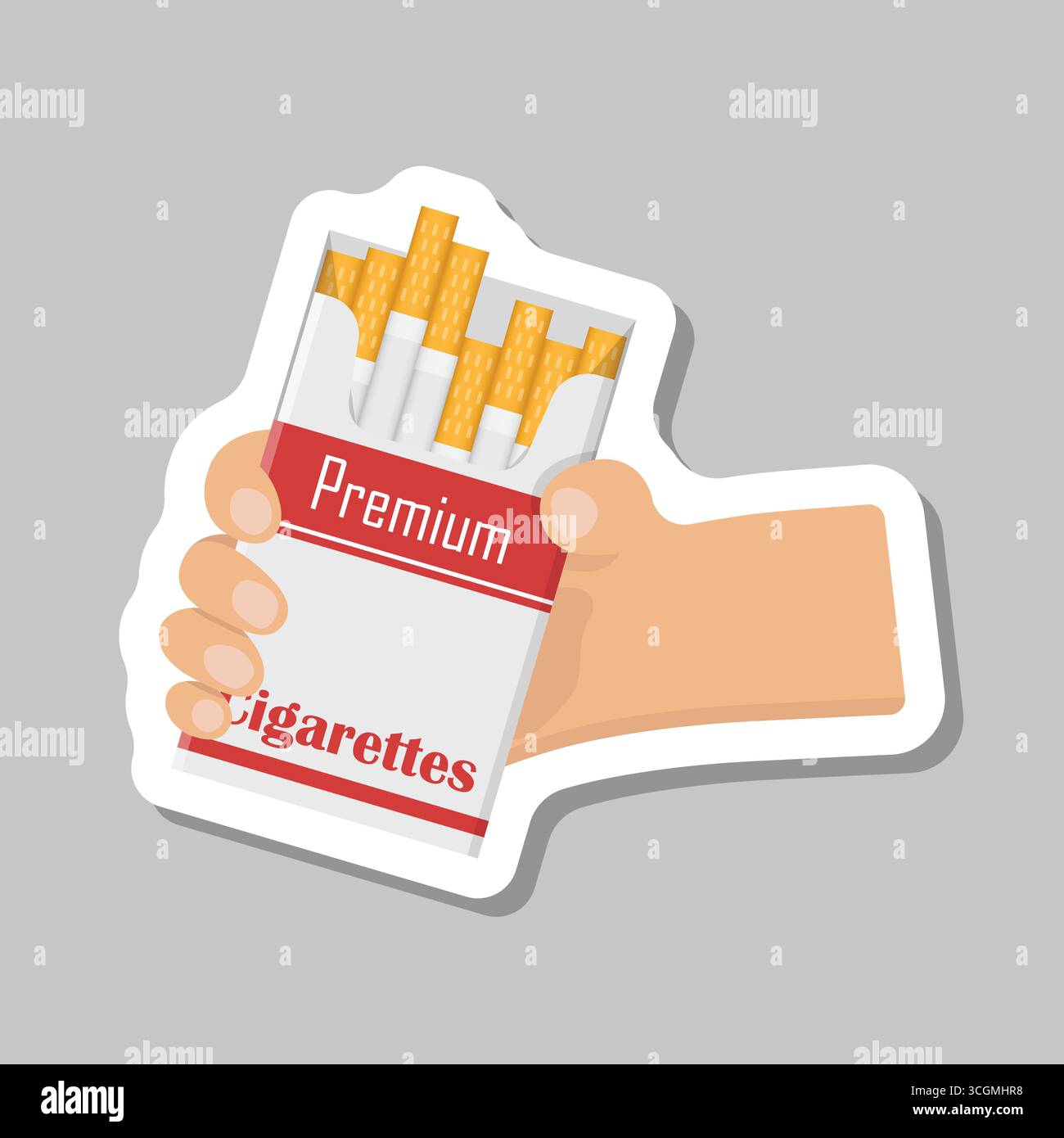 Hand holding packet of cigarettes sticker icon in flat style. Smoking ...