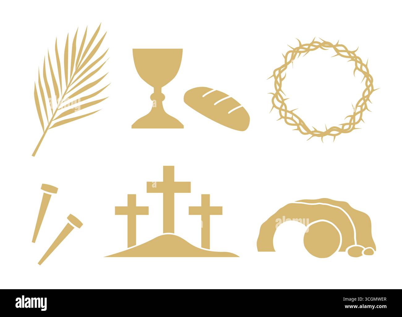 golden set of Easter and Holy Week related icons: palm leaf, holy ...