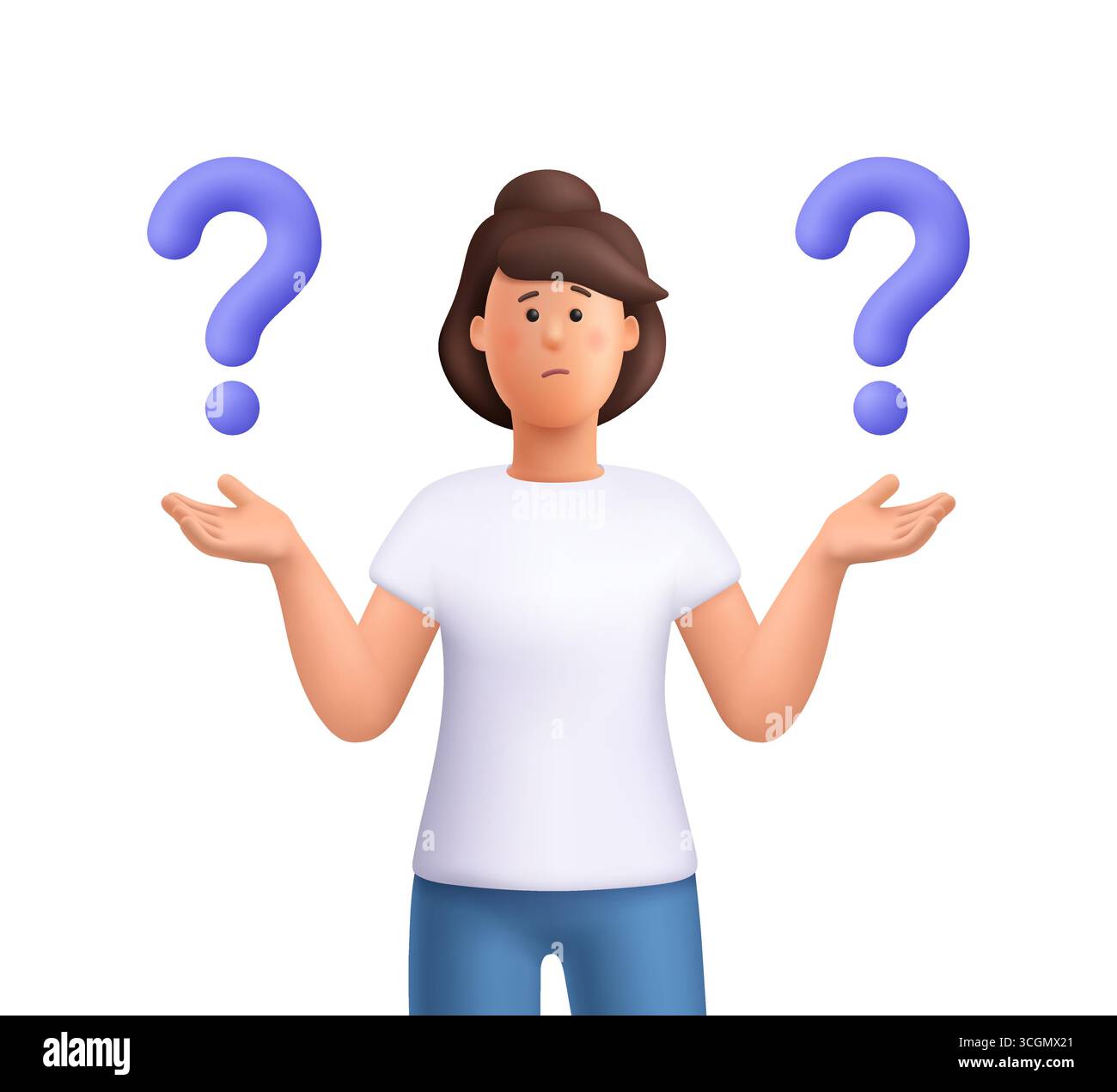 Confused woman Jane standing with shrugging with her arms to the sides and question marks ...