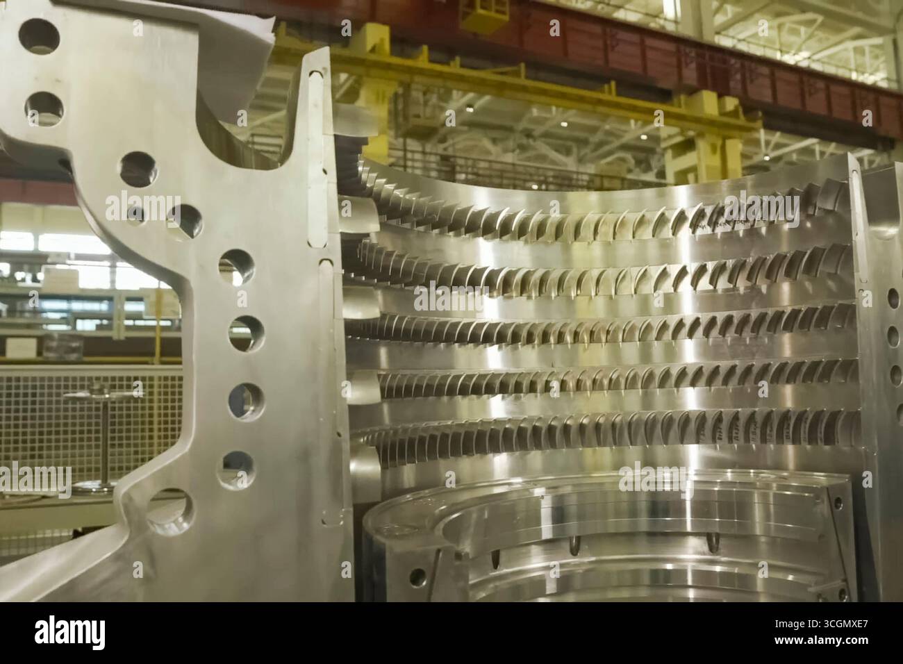 Parts inside a gas turbine. Stand with the structure of a gas turbine ...