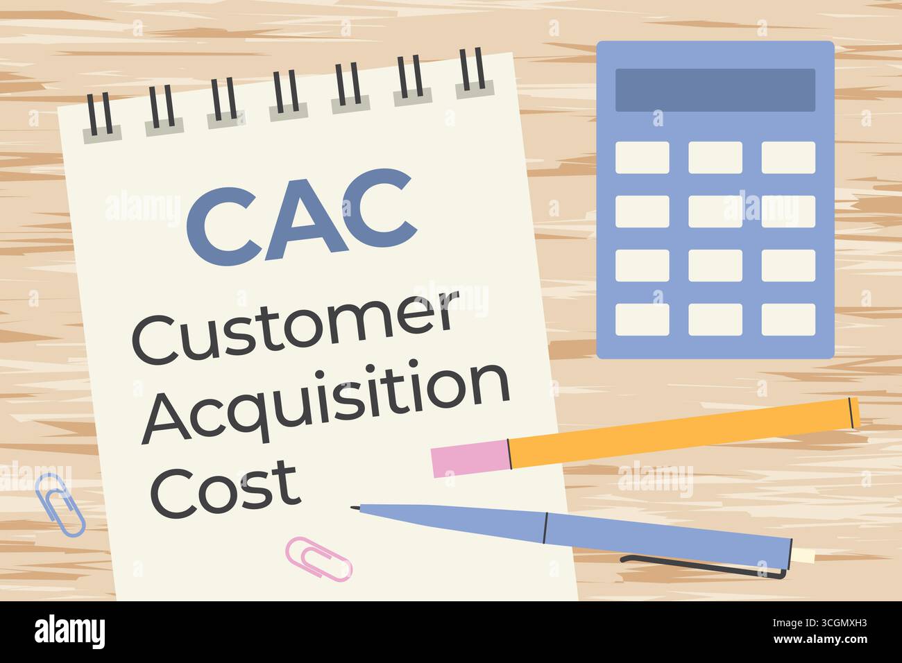 CAC acronym (Customer Acquisition Cost) written on a spiral notepad ...