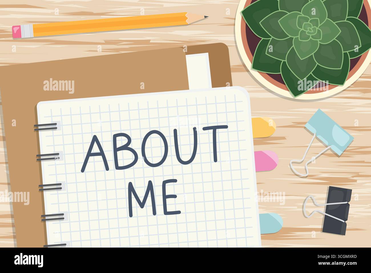 about me written in a notebook on office desk, flat lay view- vector ...