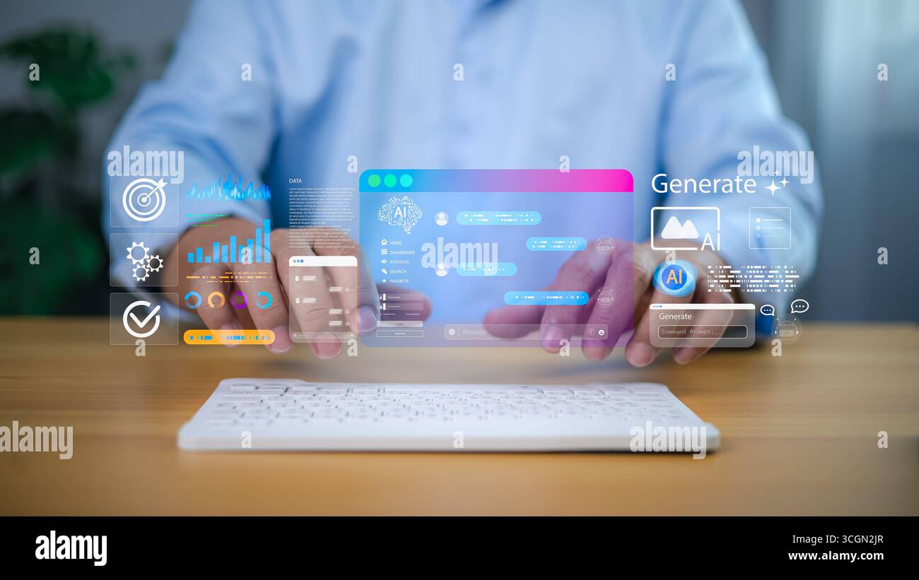 Person using futuristic holographic AI interface, Artificial ...