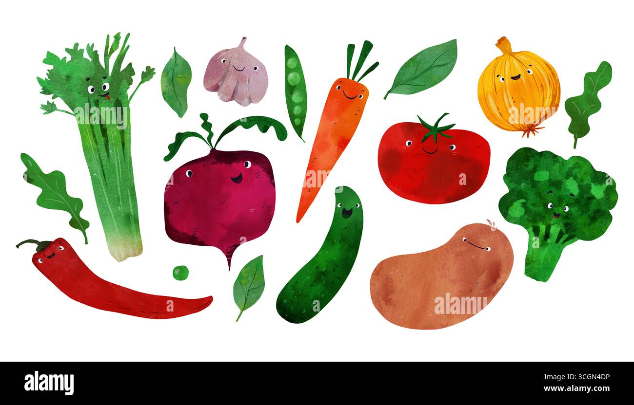 Adorable watercolor illustration set of happy cartoon vegetables with ...