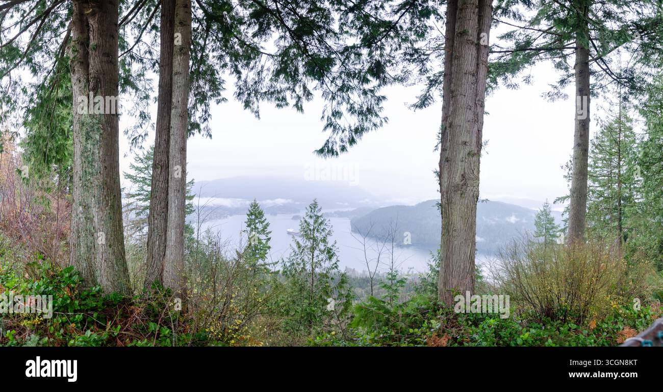 View of the mountains and waterways of Burnaby in BC, Canada. The ...