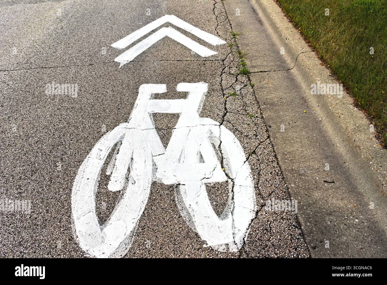 A white bike lane symbol is painted on a local road to promote safe ...