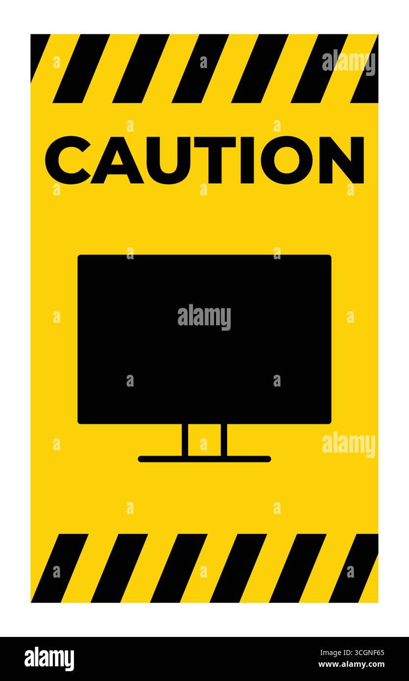 A caution sign featuring a monitor icon on a bright yellow background ...