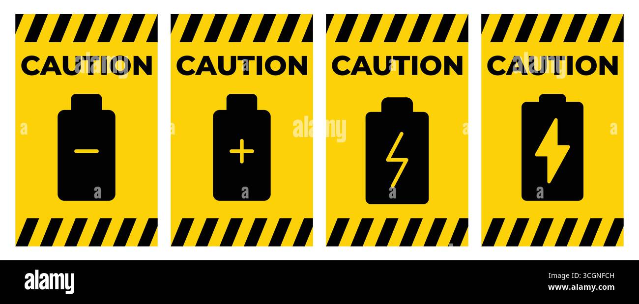 A set of four caution signs depicting battery symbols to promote ...