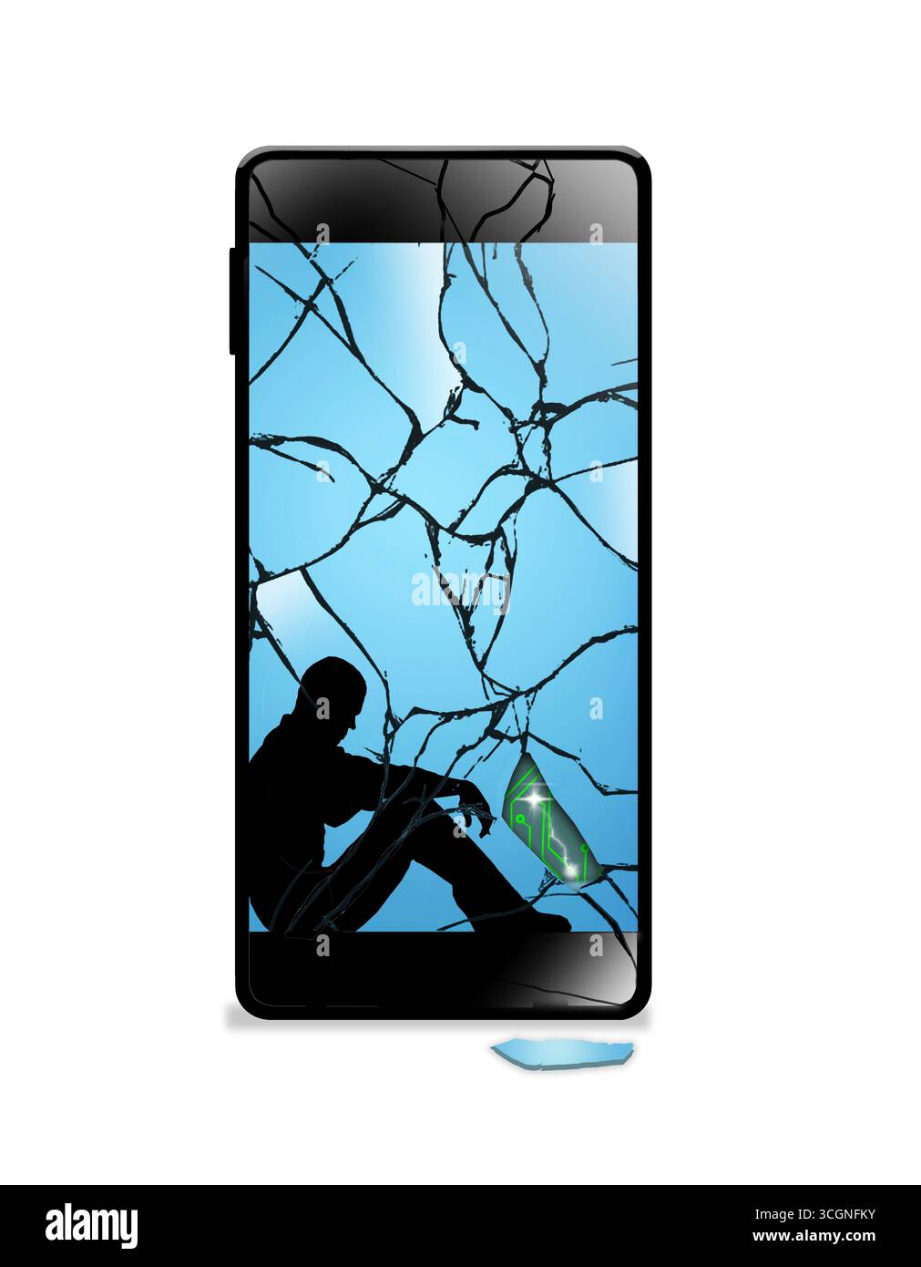 An emotionally shattered man hangs his head and appears on a shattered ...