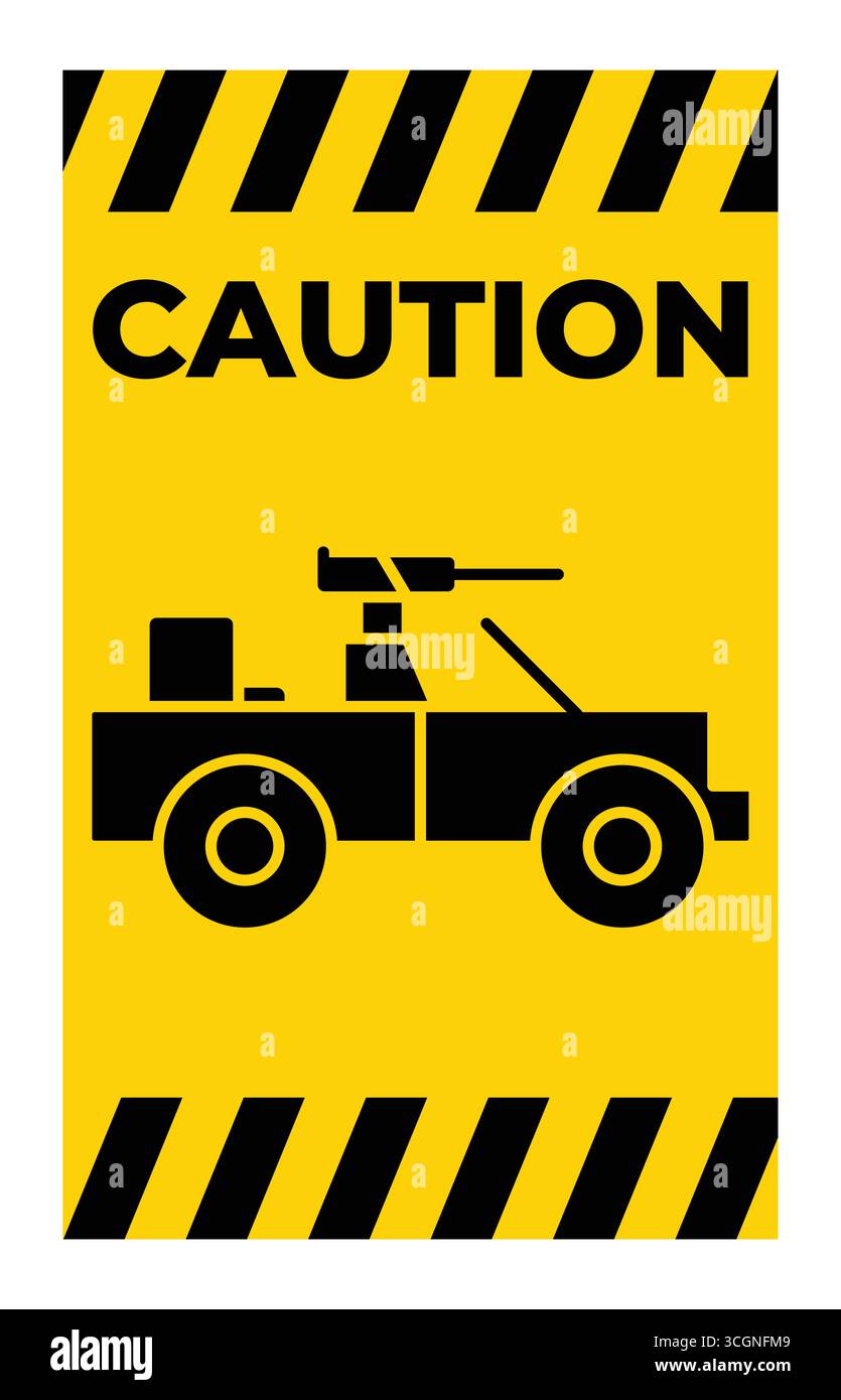 A caution sign displaying a black military vehicle illustration on a ...