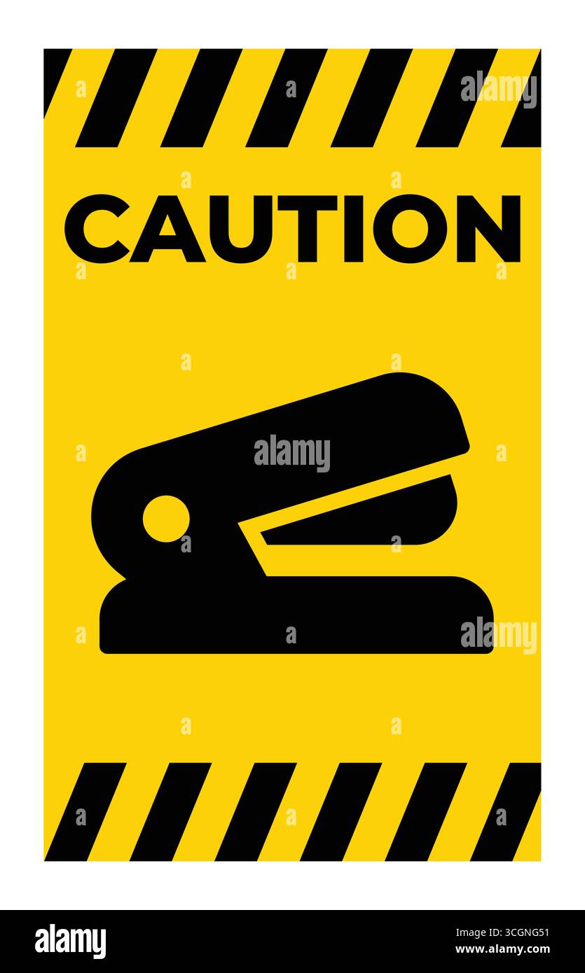 A bright yellow caution sign featuring a bold stapler icon to highlight ...