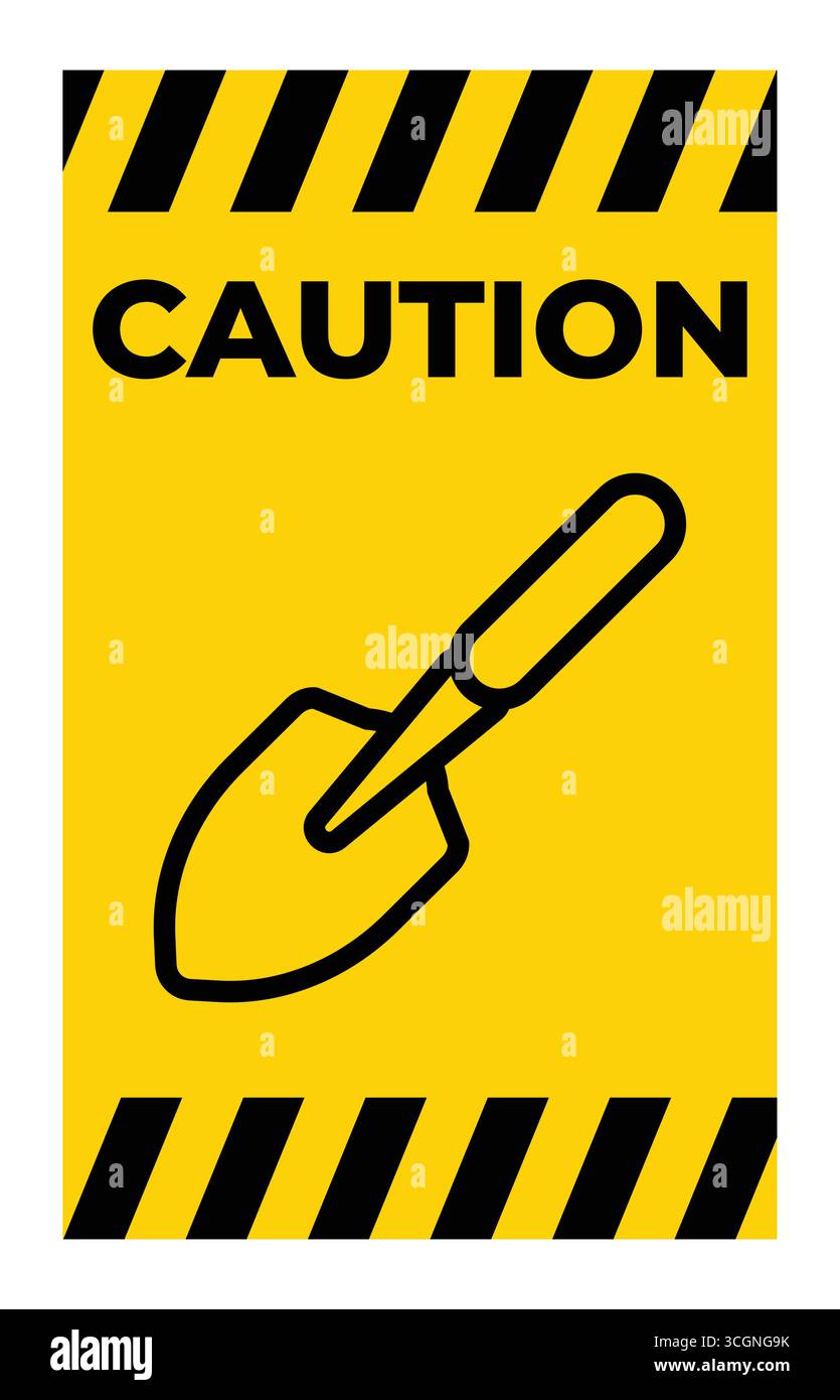 A caution sign featuring a shovel graphic on a vibrant yellow ...