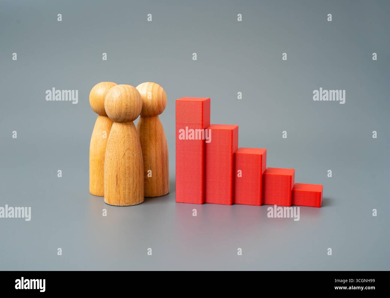 People and the falling red graph. Population decline, economic downturn, falling income, low ...