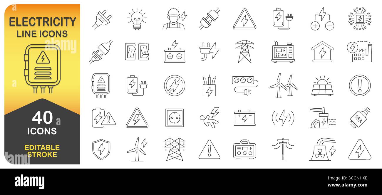 Electricity Line Icon Set With 40 Editable Stroke Designs. Thin Line ...