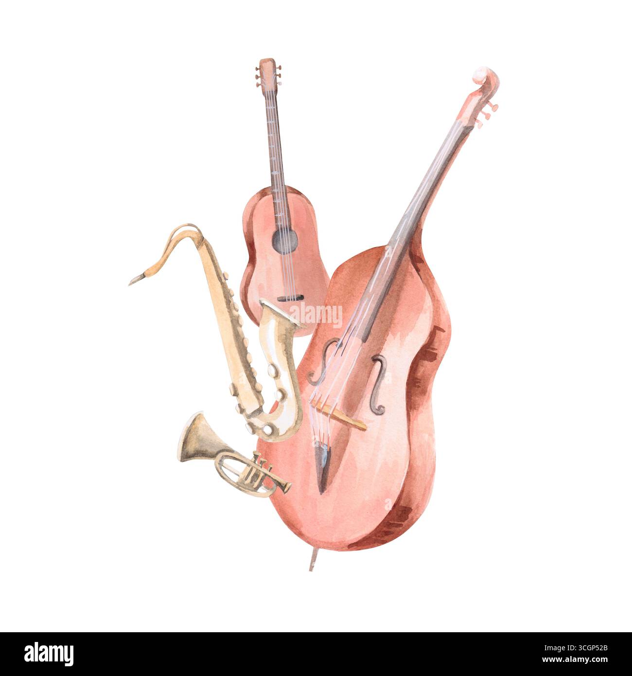 Musical instruments composition. Isolated aquarel illustration of jazz ...
