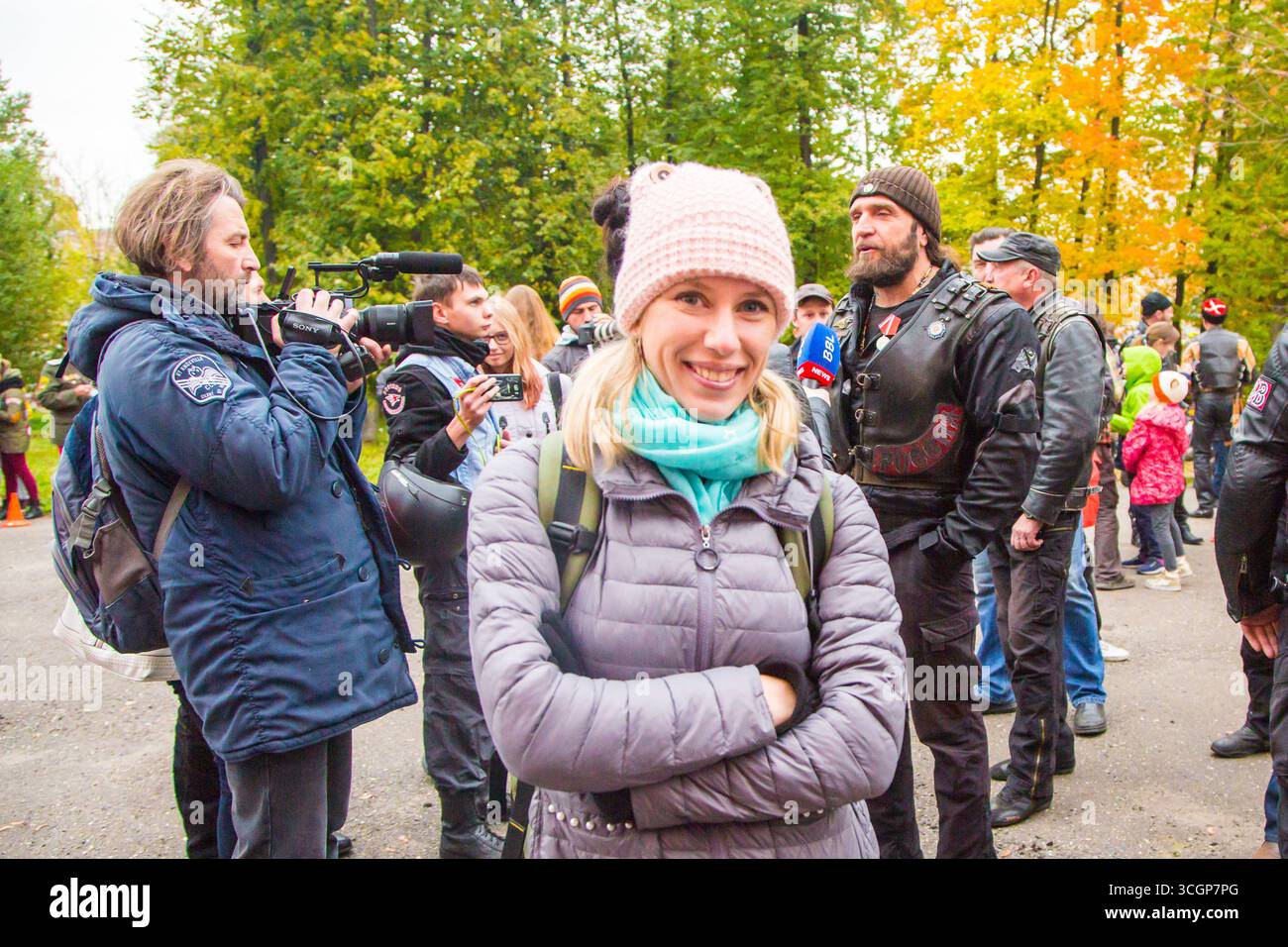 moskow, russia, 28.09.2019 Woman smiling as a reporter with a ...