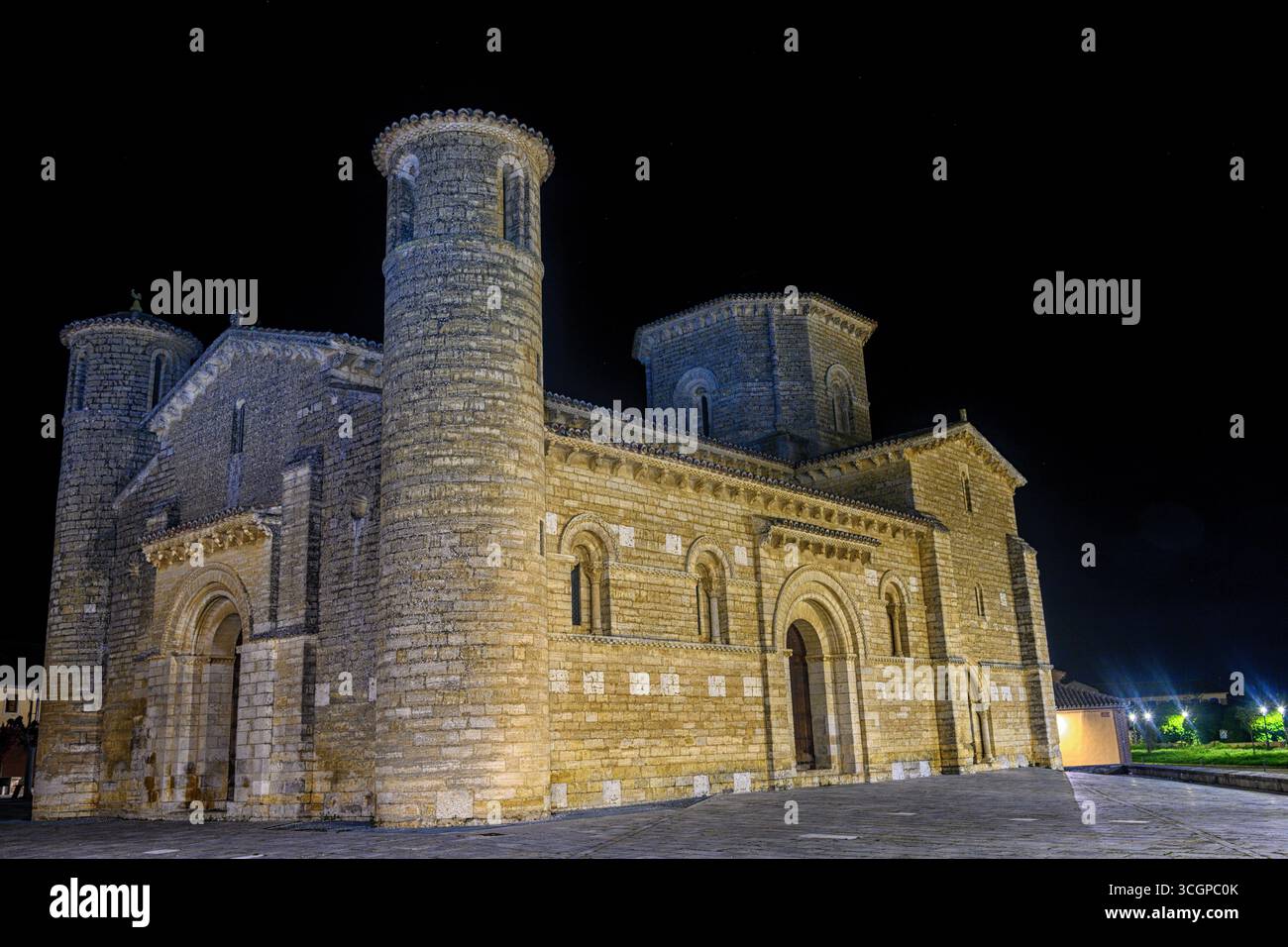 Night view of Romanesque church in Fromista with stone facade and ...