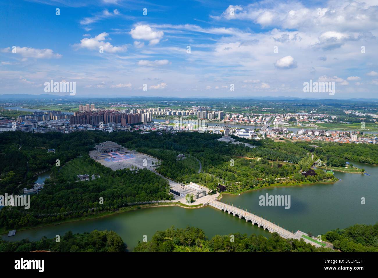 Aerial view shows Suizhou city in China, with many buildings, green ...