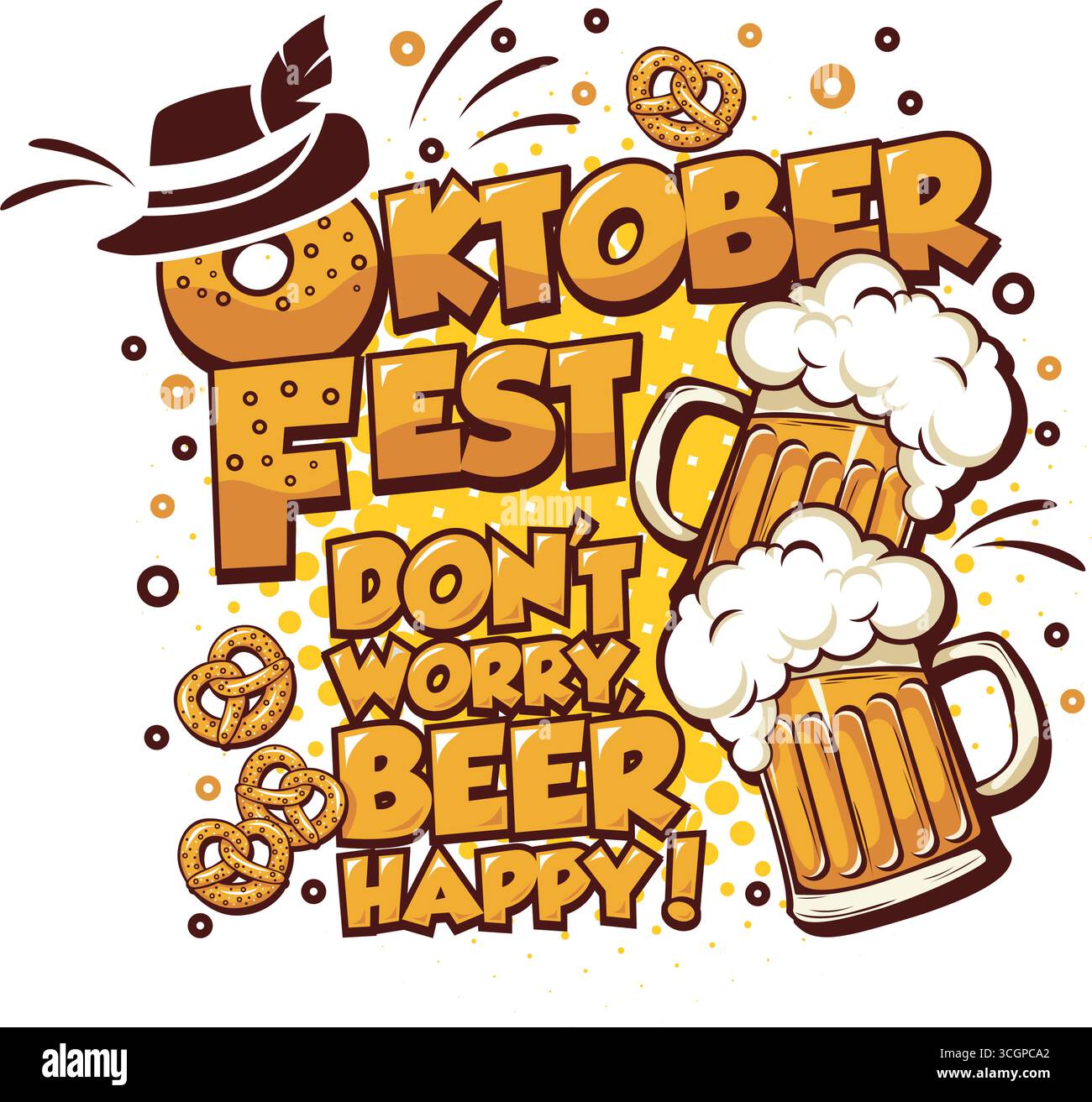 Oktoberfest beer festival slogan. Beer mugs, bubbles, traditional hat ...