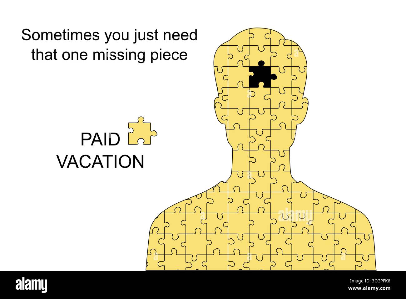 Meme about work life balance - paid vacation. Person with one missing ...
