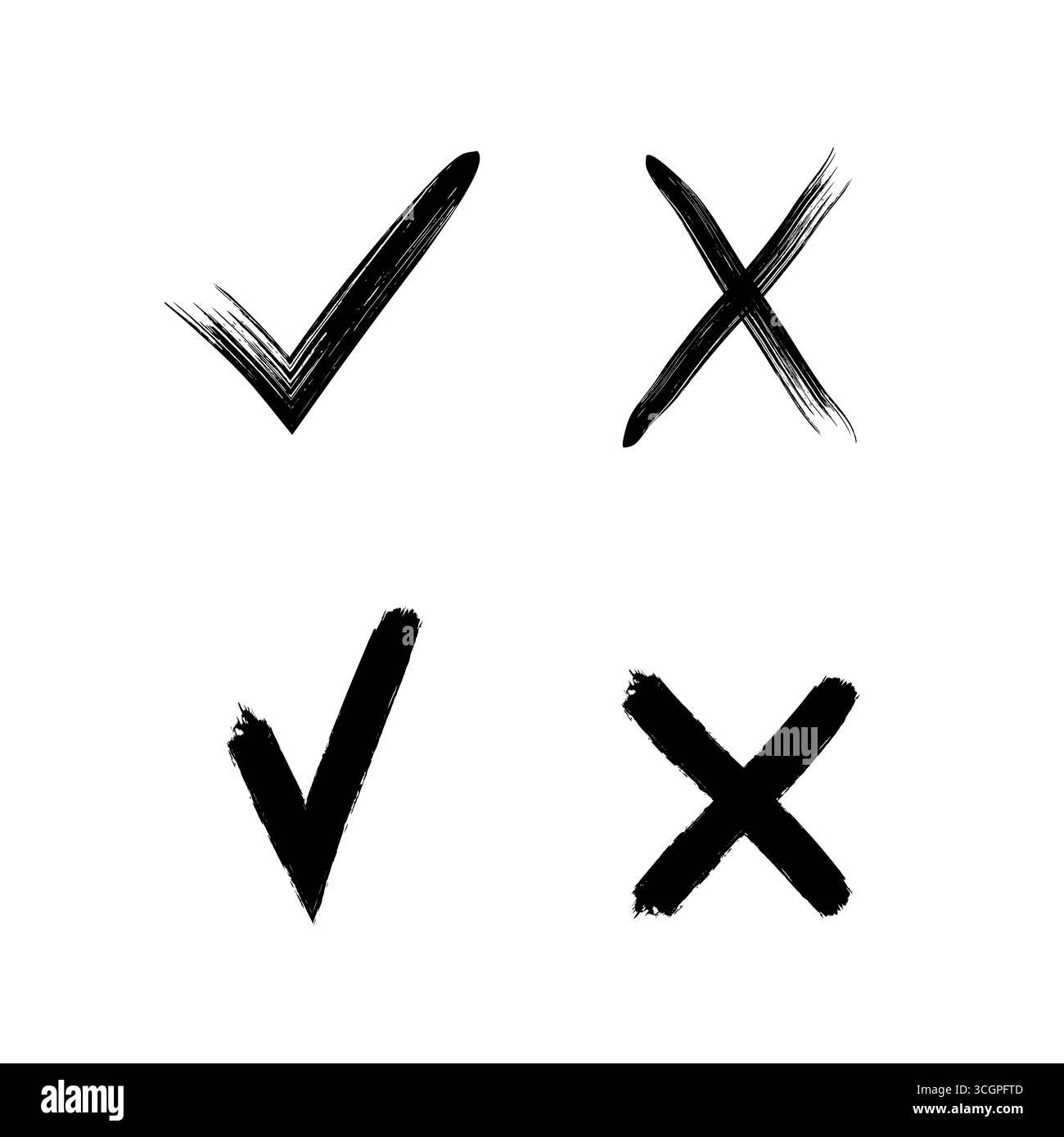 Check mark and X cross hand painted symbol set. Grunge design elements ...
