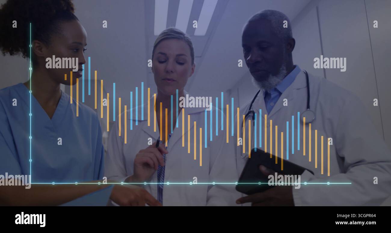 Analyzing medical team pointing at graph overlay in hospital corridor ...