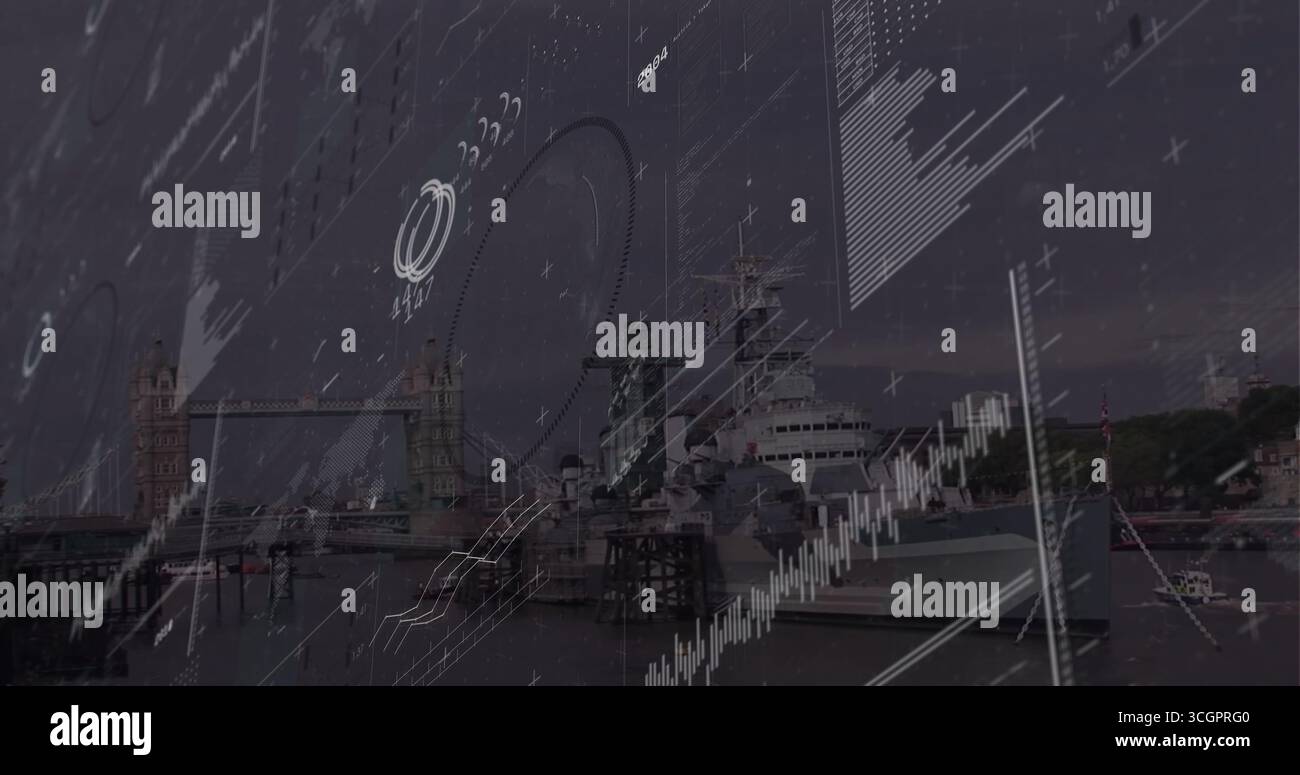 Displaying digital HUD graphs over River Thames view, with Tower Bridge ...