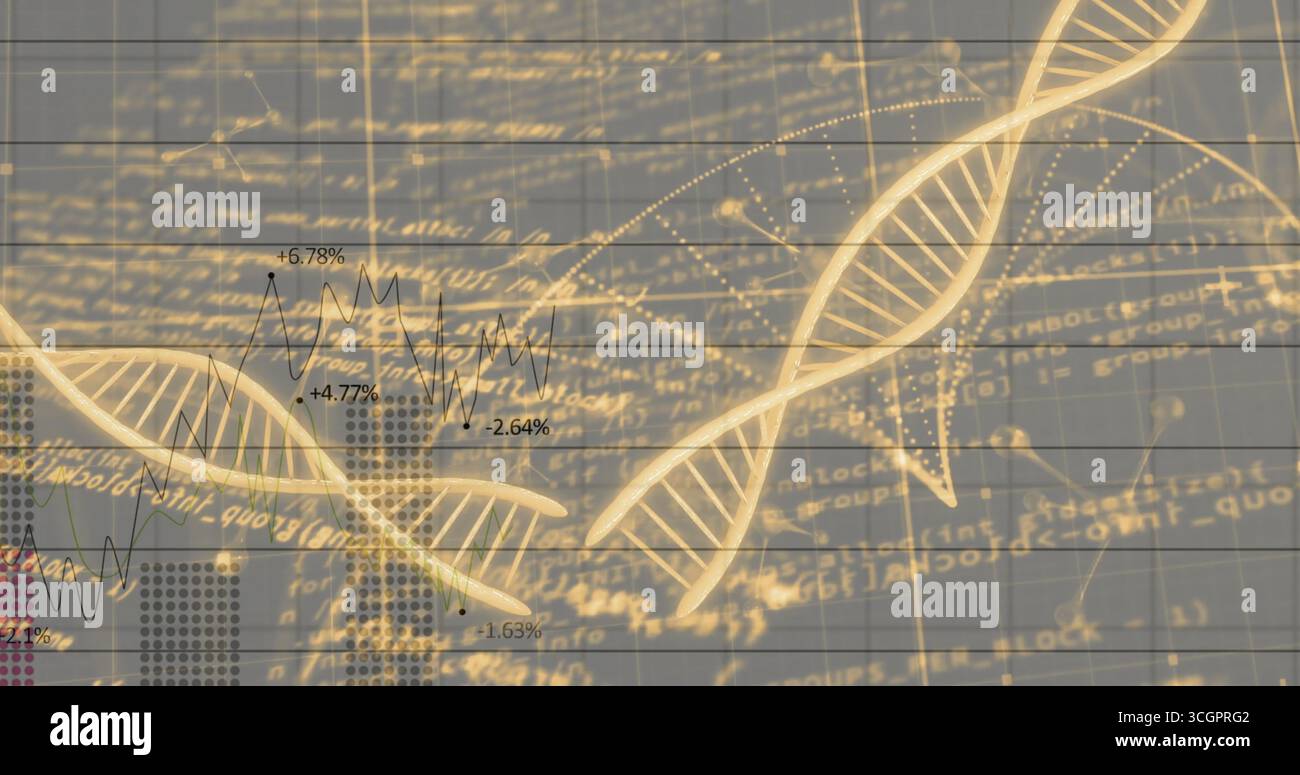 Floating golden DNA double helix strands over data grid with code ...