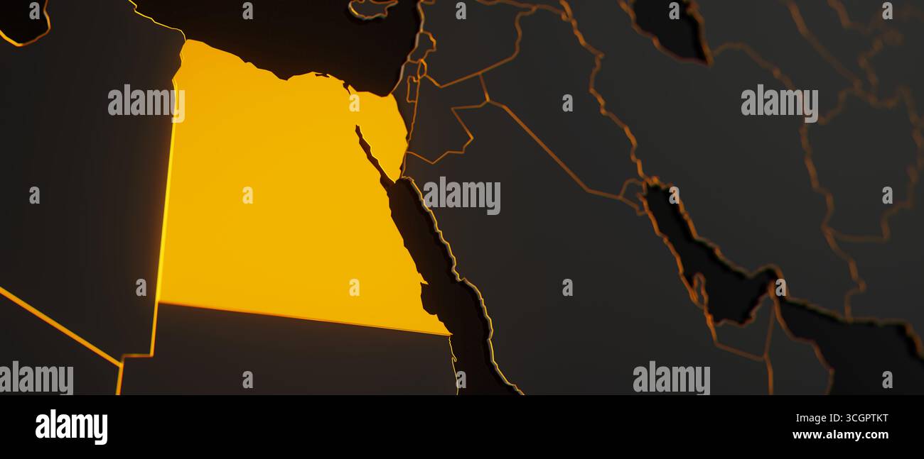 Golden Egypt 3d map surrounded with other countries in black with ...