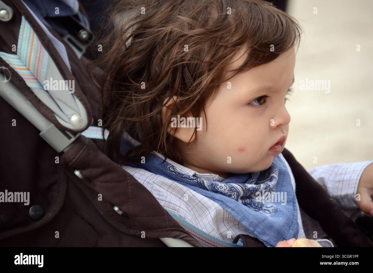 A two-year-old boy sitting in a stroller and crying Stock Photo - Alamy