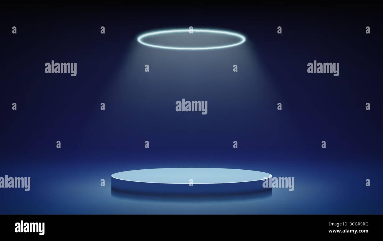Blue dim stage, podium. Room with round podium illuminated by circular ...