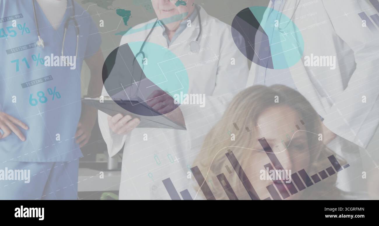 Medical team and patient gathering around data visuals, map overlay in ...