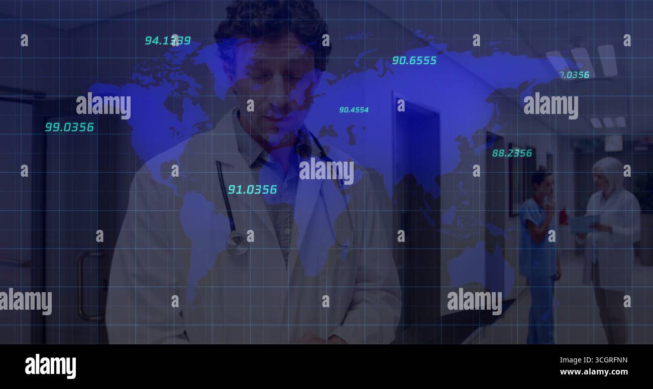Doctor wearing coat and stethoscope reading chart in hospital corridor ...