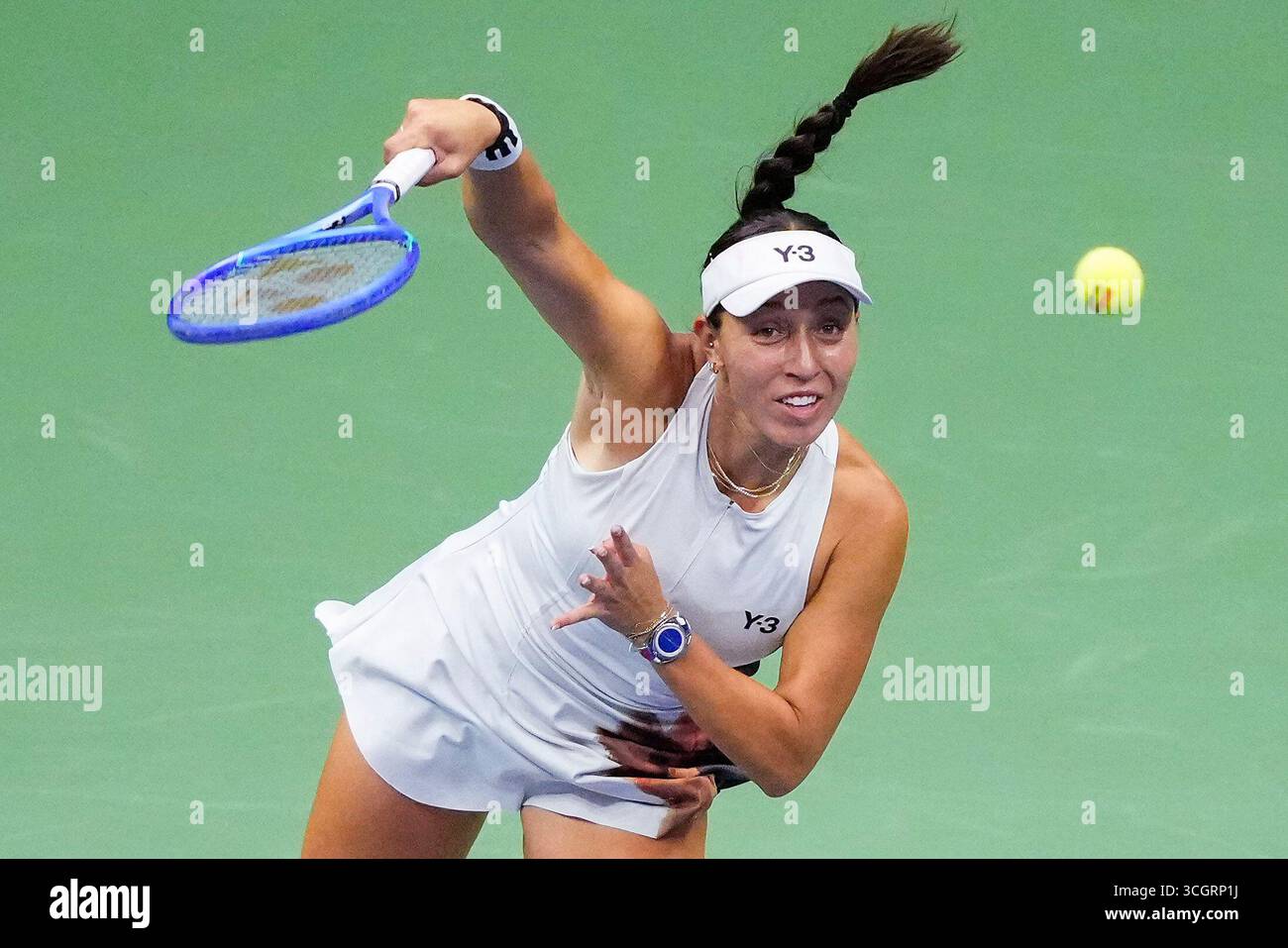 Jessica Pegula, of the United States, serves to Victoria Azarenka, of ...